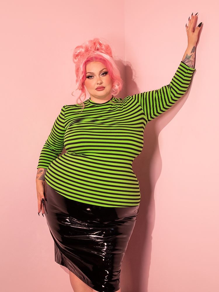 Bad Girl 3/4 Sleeve Top in Slime Green and Black Stripes | Retro Tops ...