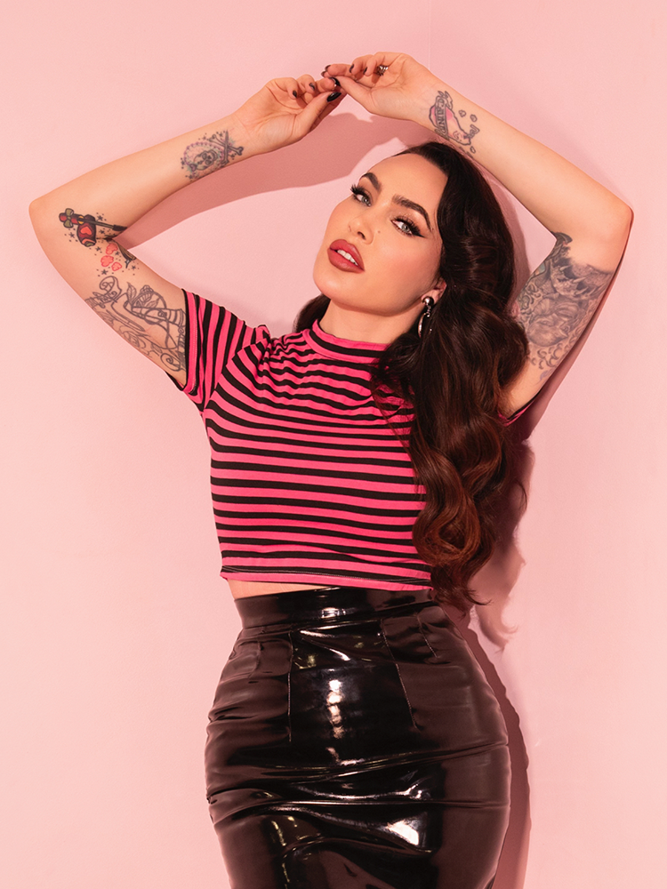 Bad Girl Crop Top in Pink and Black Stripes | Retro Tops – Vixen by ...