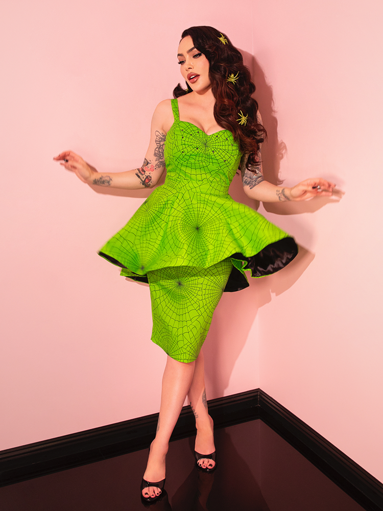 Glamour Girl Peplum Dress in Slime Green and Black Spiderweb | Vintage ...