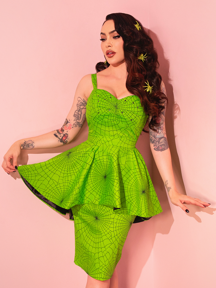 Glamour Girl Peplum Dress in Slime Green and Black Spiderweb | Vintage ...