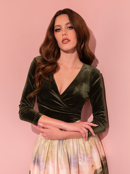 Wrap Top in Dark Olive Green Velvet | Retro Era Tops – Vixen by ...