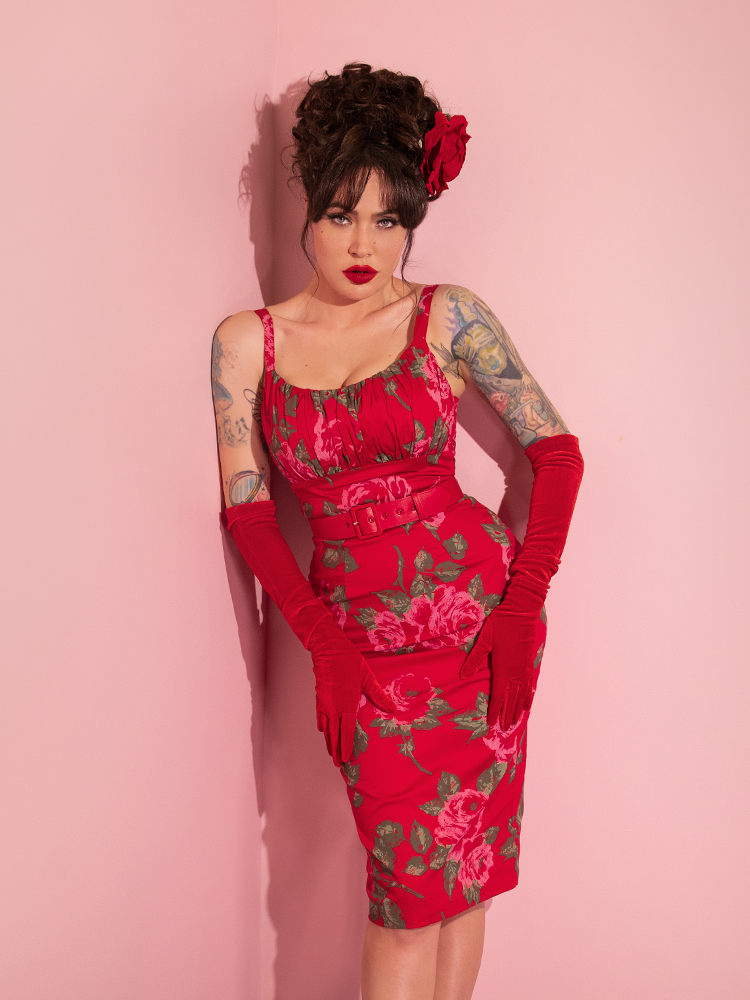 Ingenue Wiggle Dress in Vintage Red Rose Print | Retro Dress – Vixen by ...