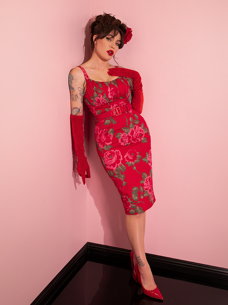 Ingenue Wiggle Dress in Vintage Red Rose Print | Retro Dress – Vixen by ...