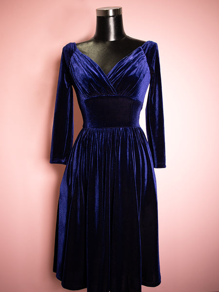 BACKLOT - Starlet Swing Dress in Navy Blue Velvet | Retro Style ...